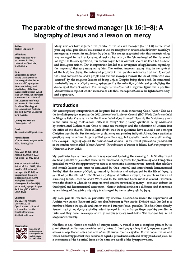(PDF) The parable of the shrewd manager (Lk 16:1–8): A biography of ...