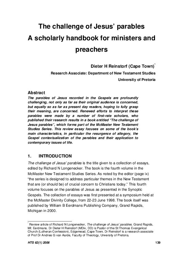 (PDF) The challenge of Jesus’ parables A scholarly handbook for ministers and preachers