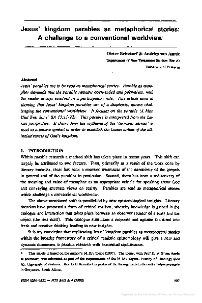 (PDF) Jesus' kingdom parables as metaphorical stories: A challenge to a conventional worldview