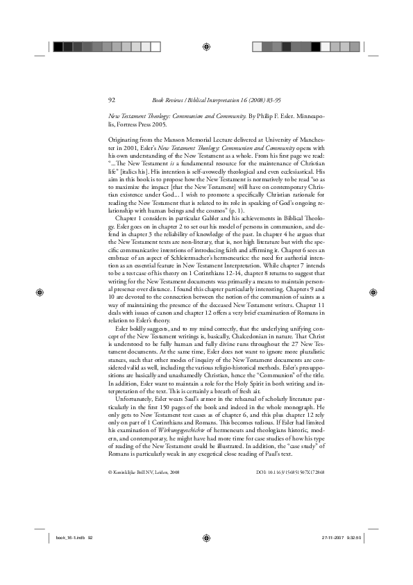 (PDF) New Testament Theology: Communion and Community ? Philip F. Esler