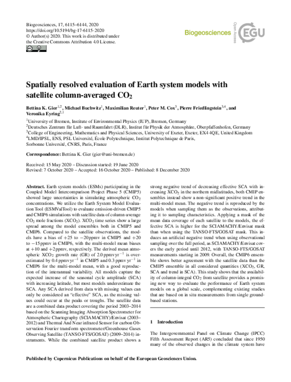 (PDF) Spatially resolved evaluation of Earth system models with satellite column averaged CO2