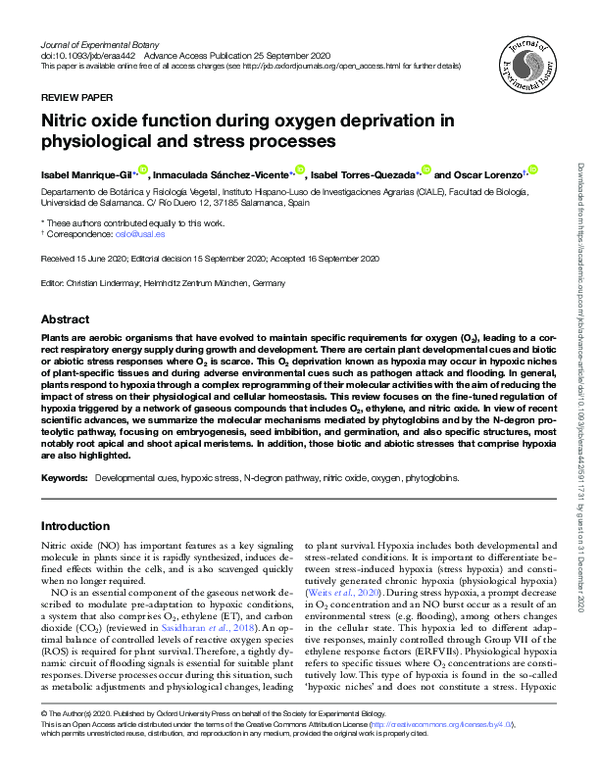 (PDF) Nitric oxide function during oxygen deprivation in physiological and stress processes