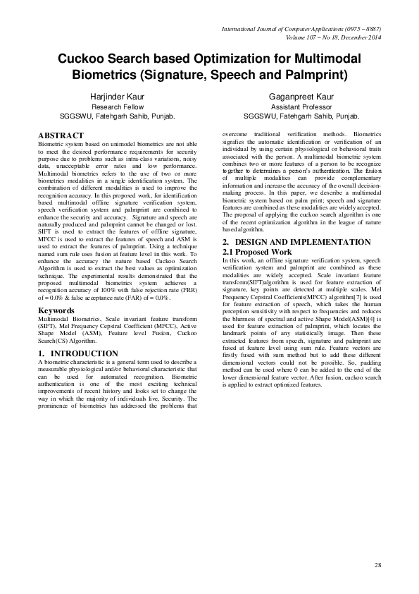 (PDF) Cuckoo Search based Optimization for Multimodal Biometrics (Signature, Speech and Palmprint)