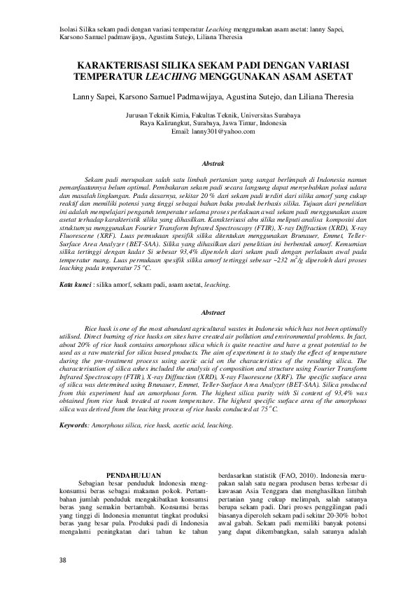 (PDF) Karakterisasi Silika Sekam Padi Dengan Variasi Temperatur Leaching Menggunakan Asam Asetat