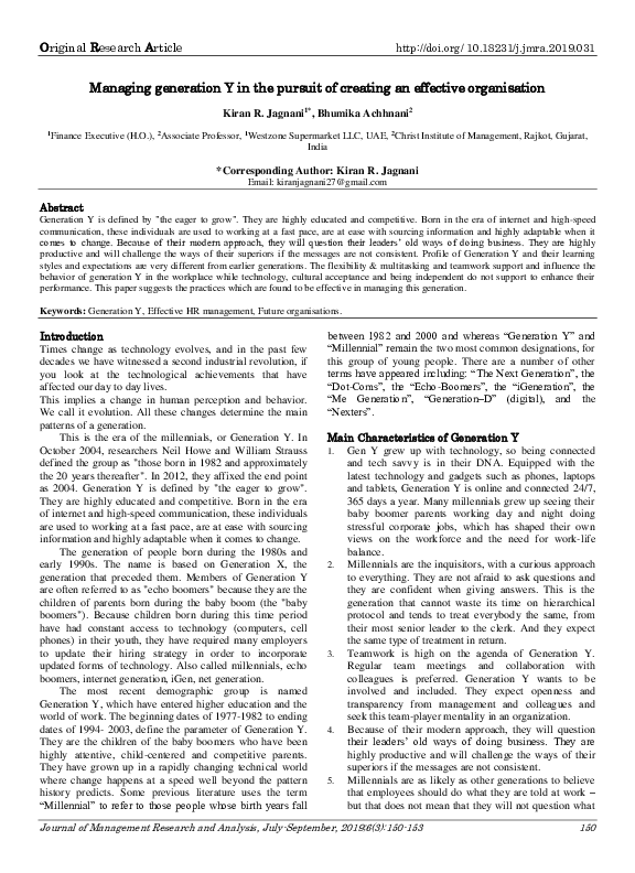 (PDF) Managing generation Y in the pursuit of creating an effective organisation