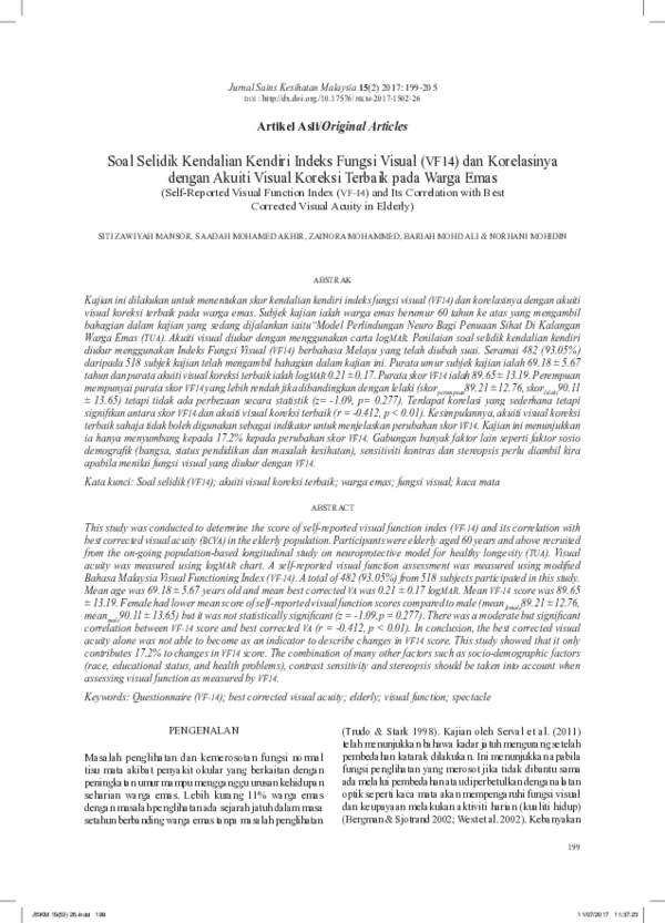 Pdf Self Reported Visual Function Index Vf 14 And Its Correlation