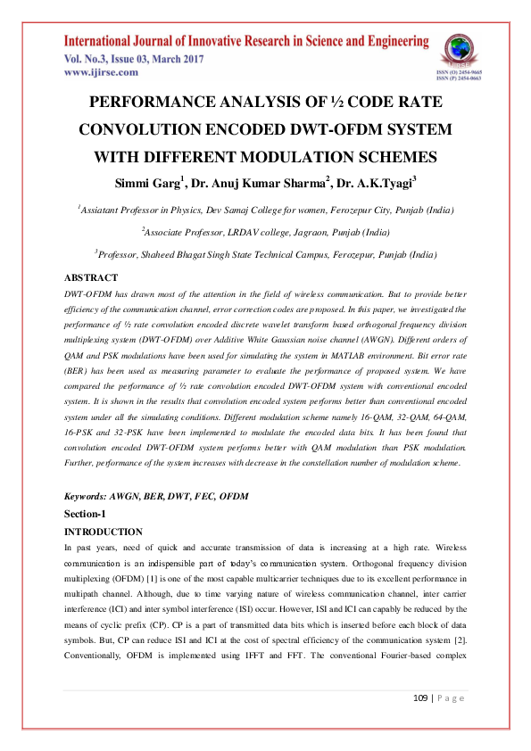 Pdf Performance Analysis Of 1⁄2 Code Rate Convolution Encoded Dwt Ofdm System With Different