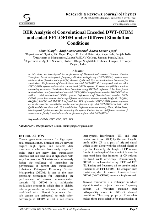 Pdf Ber Analysis Of Convolutional Encoded Dwt Ofdm And Coded Fft Ofdm Under Different
