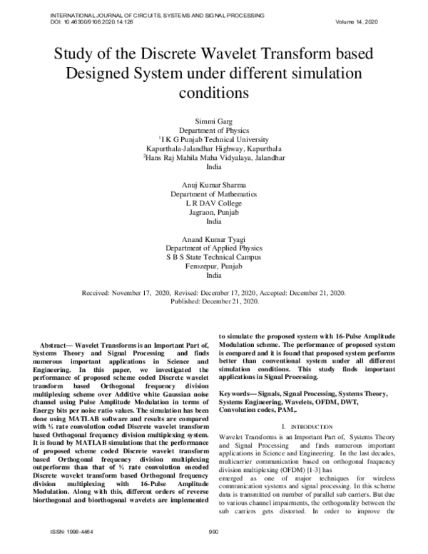 (PDF) Study of the Discrete Wavelet Transform based Designed System under Different Simulation ...