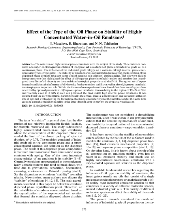 (PDF) Effect of the Type of the Oil Phase on Stability of Highly Concentrated Water-in-Oil Emulsions