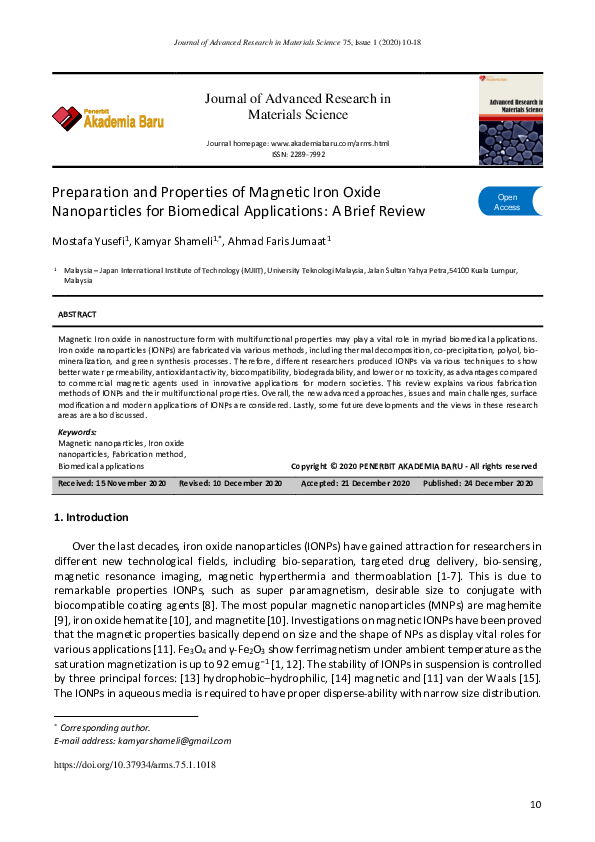 (PDF) Preparation and Properties of Magnetic Iron Oxide Nanoparticles for Biomedical ...