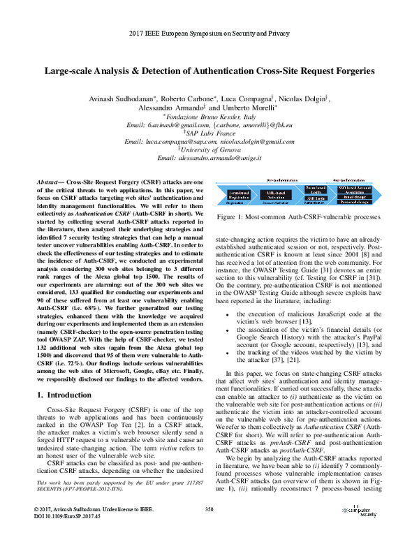 Pdf Large Scale Analysis And Detection Of Authentication Cross Site Request Forgeries