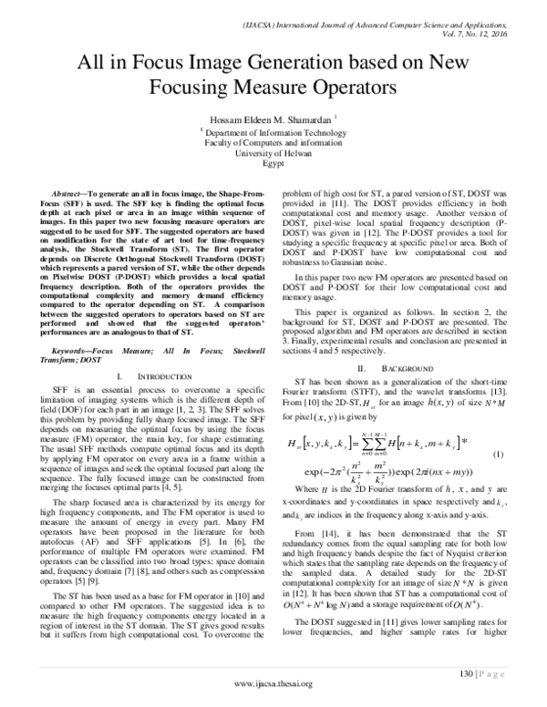 (PDF) All in Focus Image Generation based on New Focusing Measure Operators