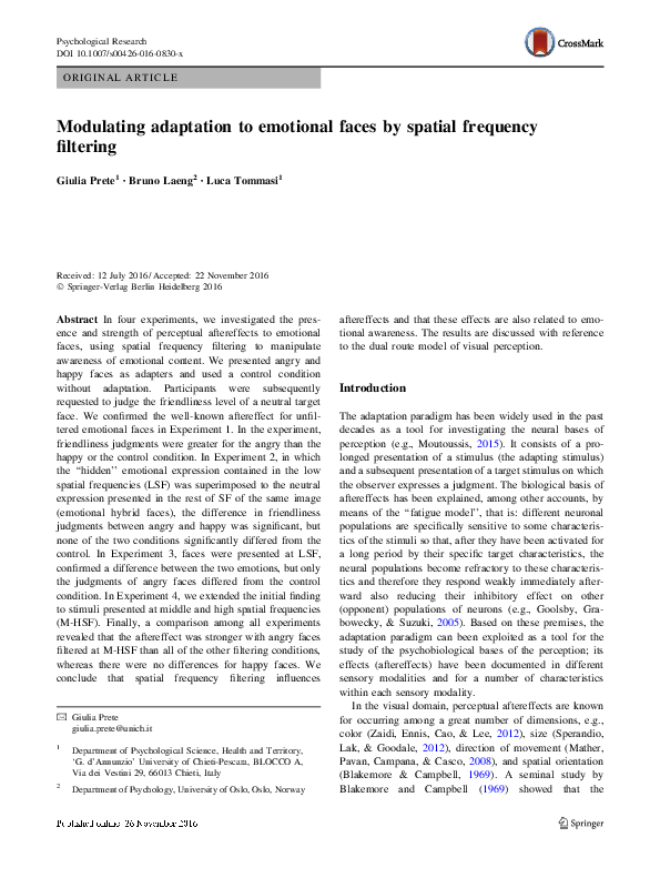 (PDF) Modulating adaptation to emotional faces by spatial frequency filtering