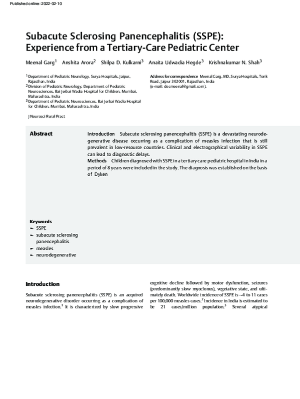 (PDF) Subacute Sclerosing Panencephalitis (SSPE): Experience from a ...