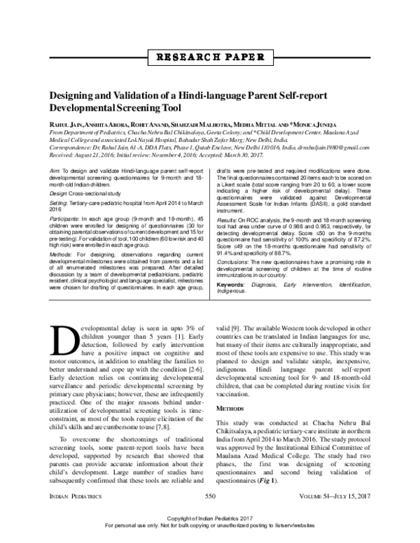 (PDF) Designing and validation of a Hindi-language parent self-report ...