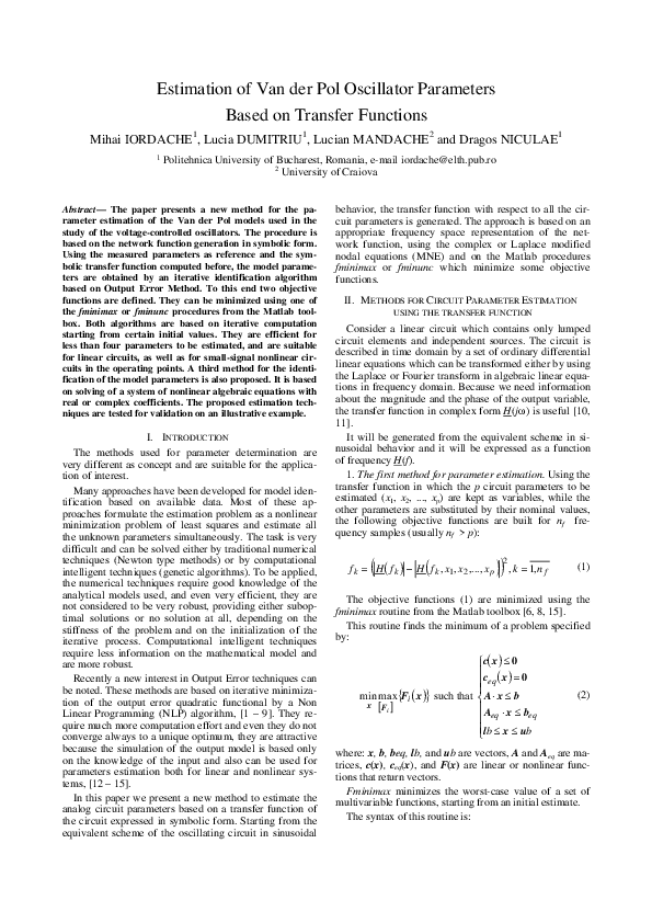 Pdf Estimation Of Van Der Pol Oscillator Parameters Based On Transfer Functions