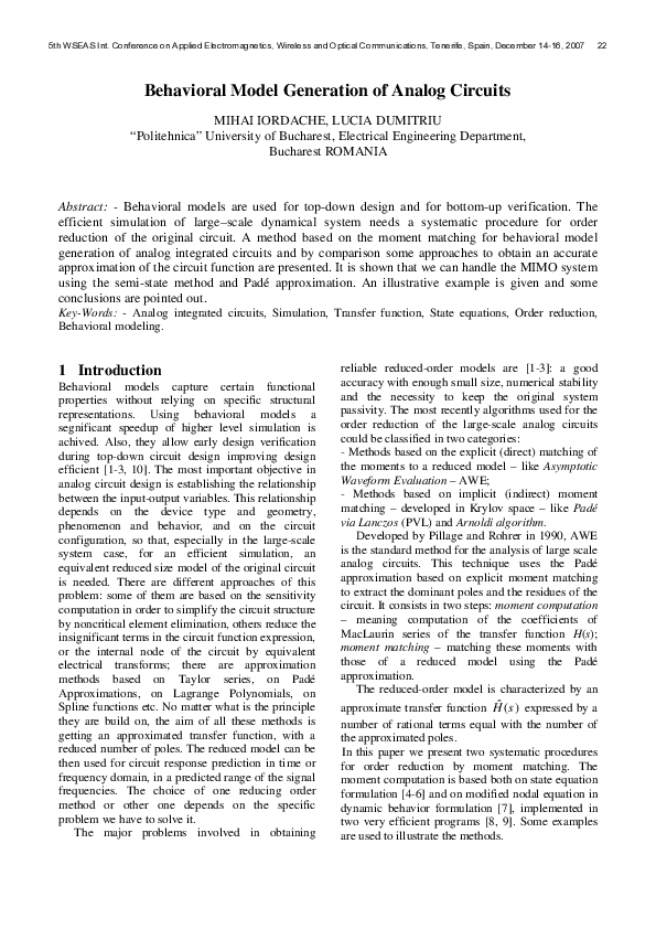 (PDF) Behavioral model generation of analog circuits