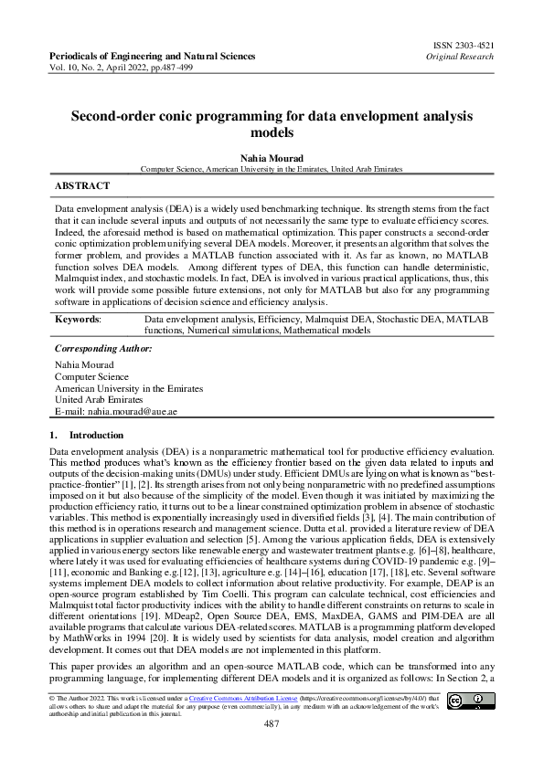 (PDF) Second-order conic programming for data envelopment analysis models