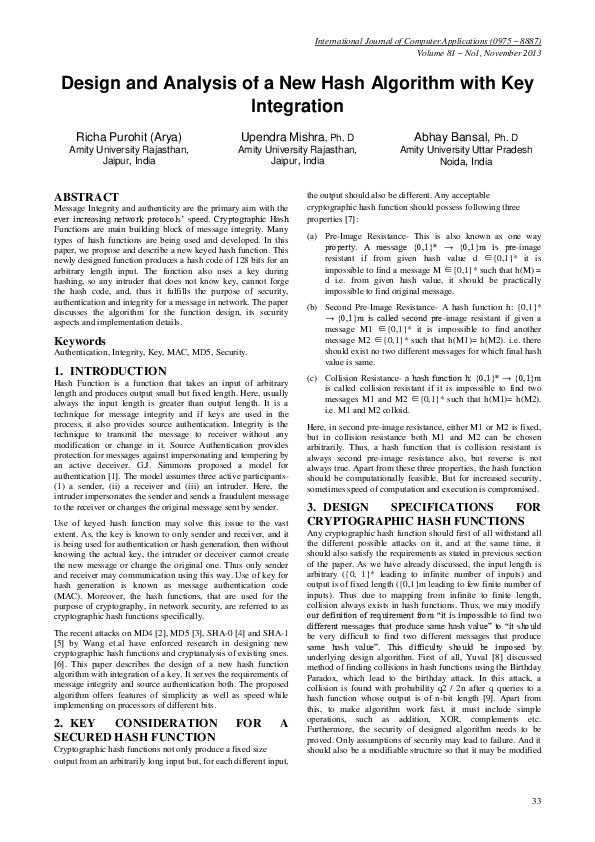 Pdf Design And Analysis Of A New Hash Algorithm With Key Integration