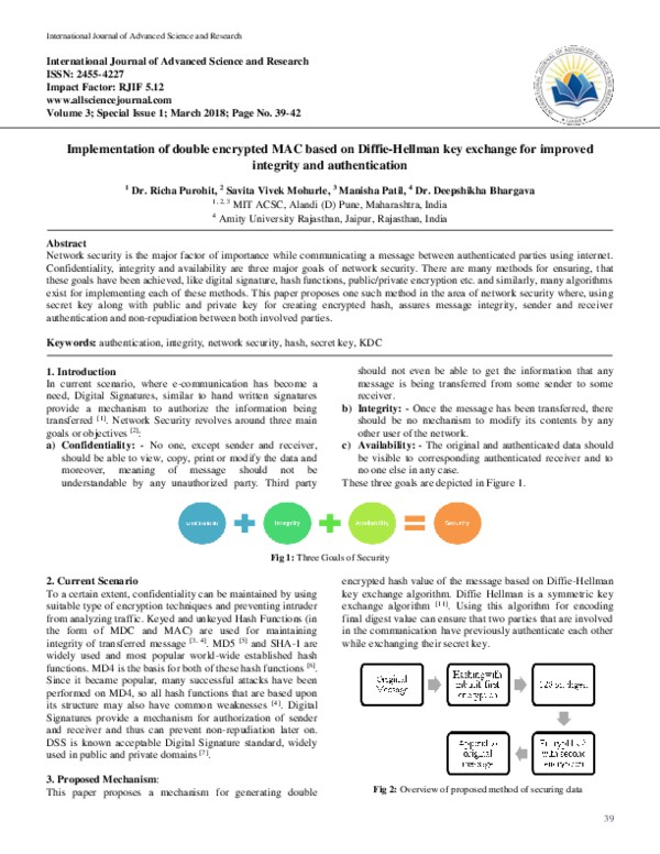 (PDF) Implementation of double encrypted MAC based on Diffie-Hellman key exchange for improved ...