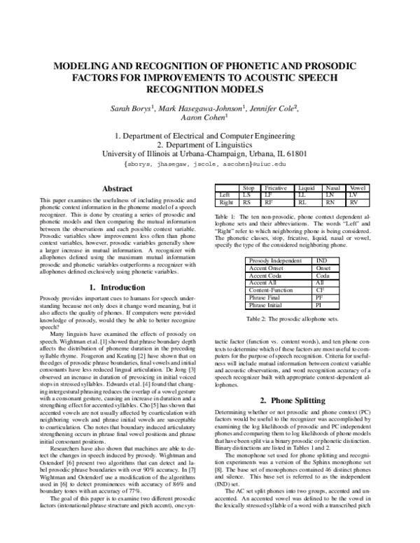 Pdf Modeling And Recognition Of Phonetic And Prosodic Factors For Improvements To Acoustic