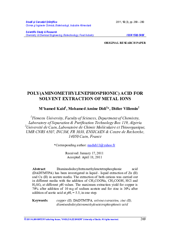 (PDF) Poly (Aminomethylenephosphonic) Acid for Solvent Extraction of ...