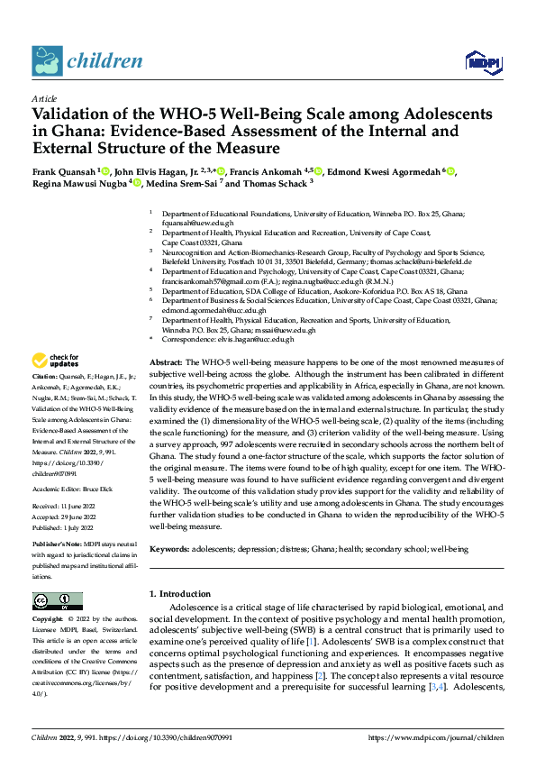 (PDF) Validation of the WHO-5 Well-Being Scale among Adolescents in ...