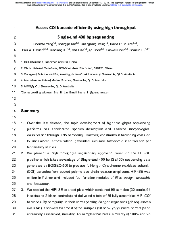 (PDF) Access COI barcode efficiently using high throughput Single-End 400 bp sequencing