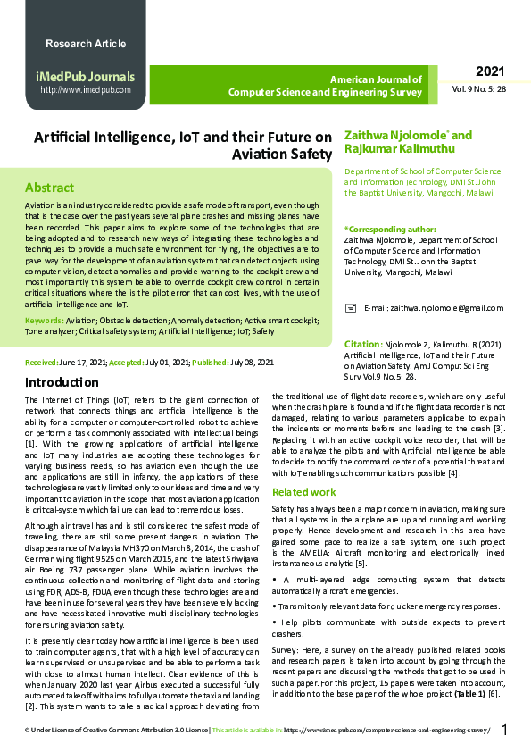 (PDF) Artificial Intelligence, IoT and their Future on Aviation Safety