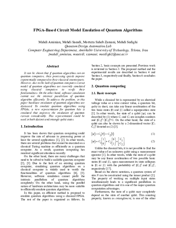 (PDF) FPGA-Based Circuit Model Emulation of Quantum Algorithms
