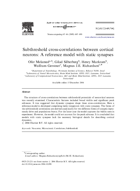 (PDF) Subthreshold cross-correlations between cortical neurons: A reference model with static ...