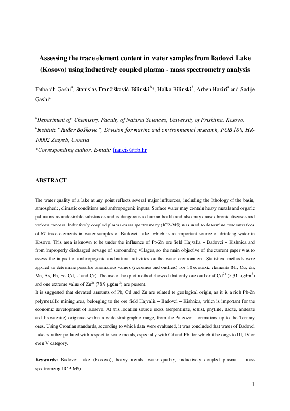 (PDF) Trace Element Analysis in Badovci Lake Water