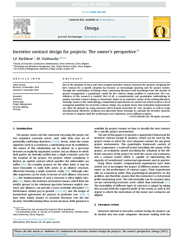 (PDF) Incentive contract design for projects: The owner׳s perspective