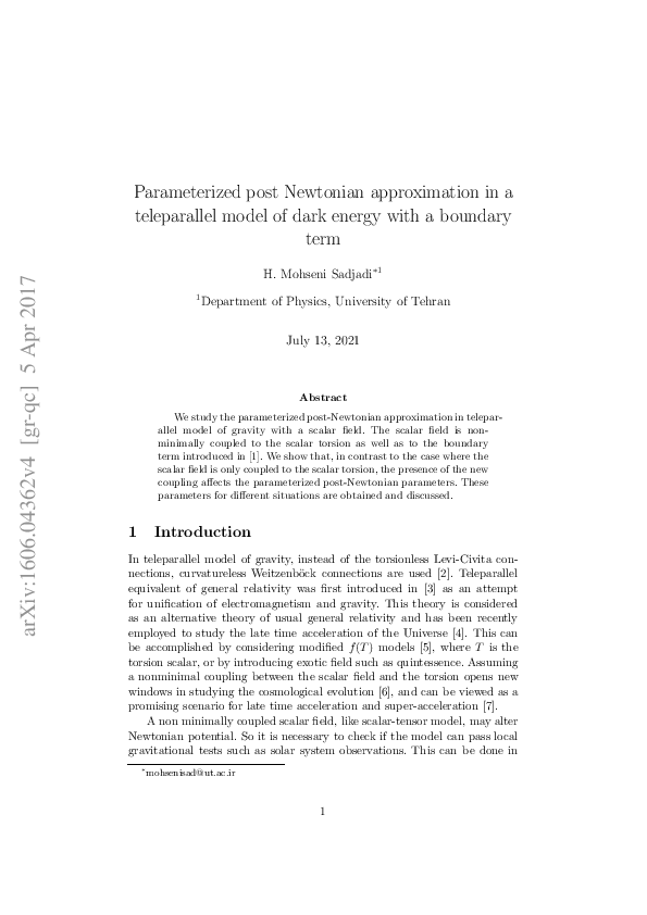 Pdf Parametrized Post Newtonian Approximation In Teleparallel Model