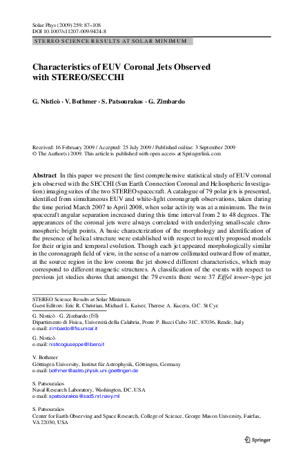 (PDF) Characteristics of EUV Coronal Jets Observed with STEREO/SECCHI