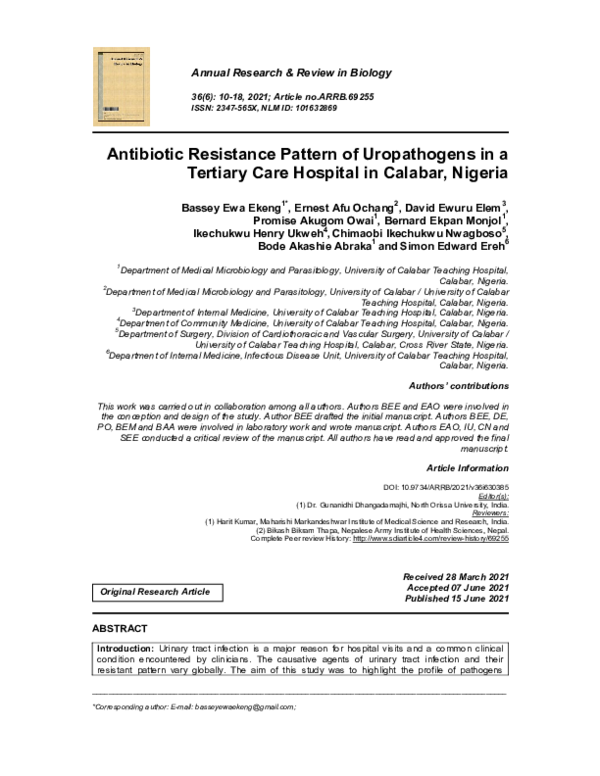 (PDF) Antibiotic Resistance Pattern of Uropathogens in a Tertiary Care Hospital in Calabar, Nigeria