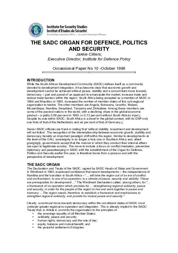 (PDF) The SADC Organ for Defence, Politics, and Security