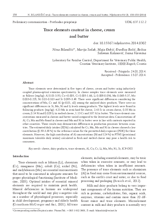 (PDF) Trace elements content in cheese, cream and butter