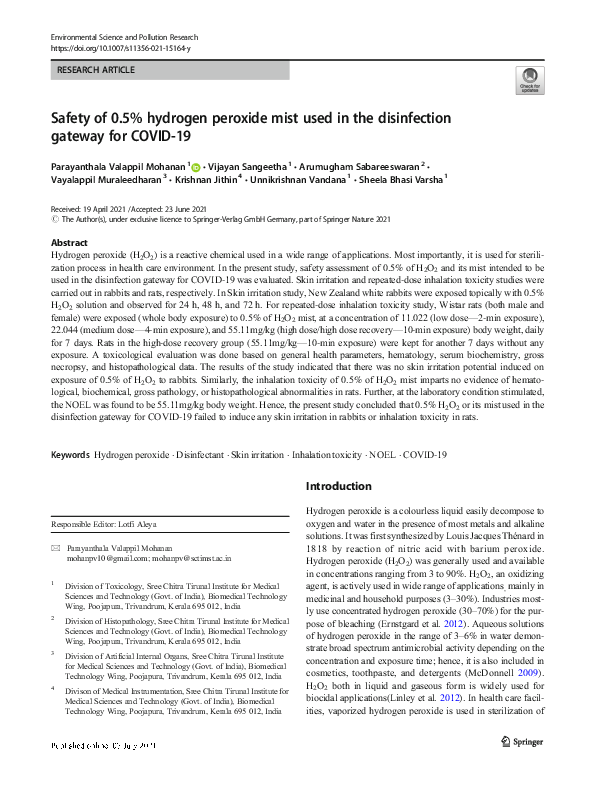 (PDF) Safety of 0.5% hydrogen peroxide mist used in the disinfection ...