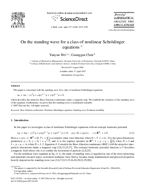 Pdf On The Standing Wave For A Class Of Nonlinear Schrödinger Equations Guanggan Chen