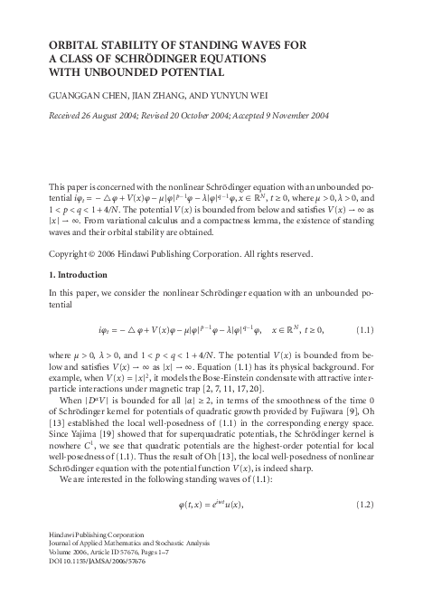 (PDF) Orbital stability of standing waves for a class of Schrödinger equations with unbounded ...