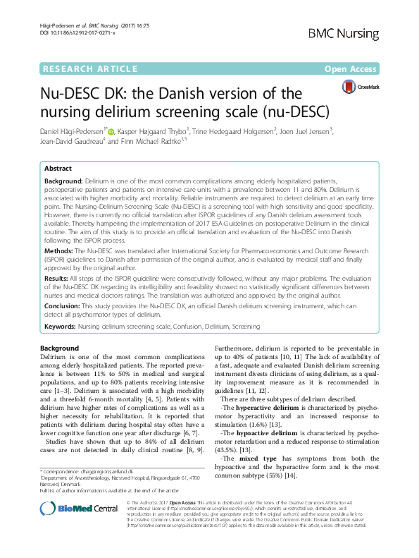 (PDF) Nu-DESC DK: the Danish version of the nursing delirium screening ...