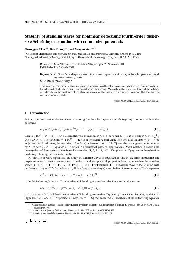 (PDF) Stability of standing waves for nonlinear defocusing fourth-order dispersive Schrödinger ...