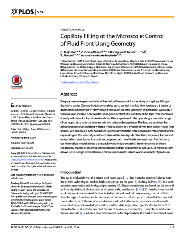(PDF) Capillary Filling at the Microscale: Control of Fluid Front Using ...