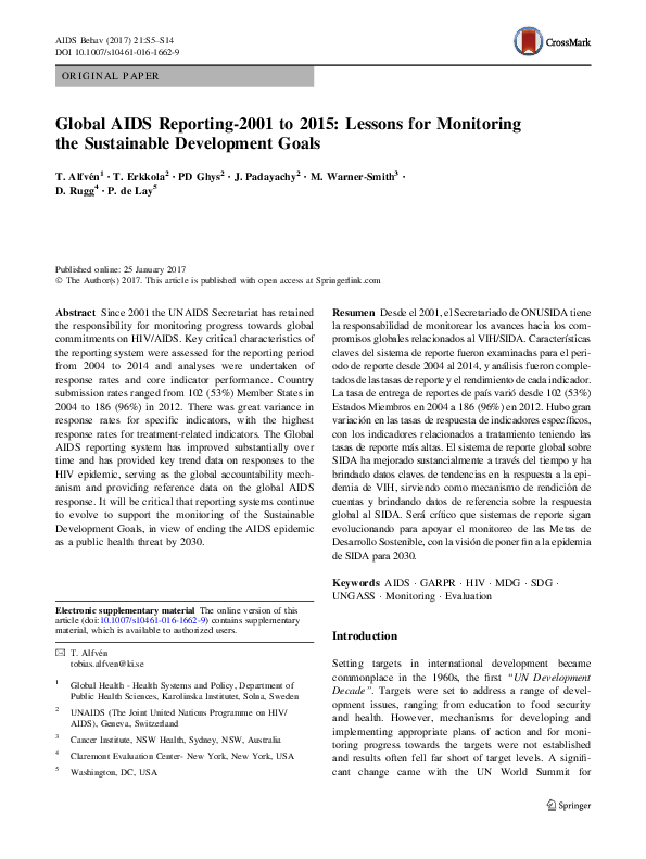 (PDF) Global AIDS Reporting-2001 to 2015: Lessons for Monitoring the Sustainable Development Goals