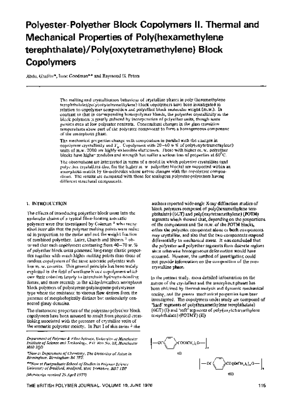 (PDF) Polyester-Polyether Block Copolymers II. Thermal and Mechanical Properties of Poly ...