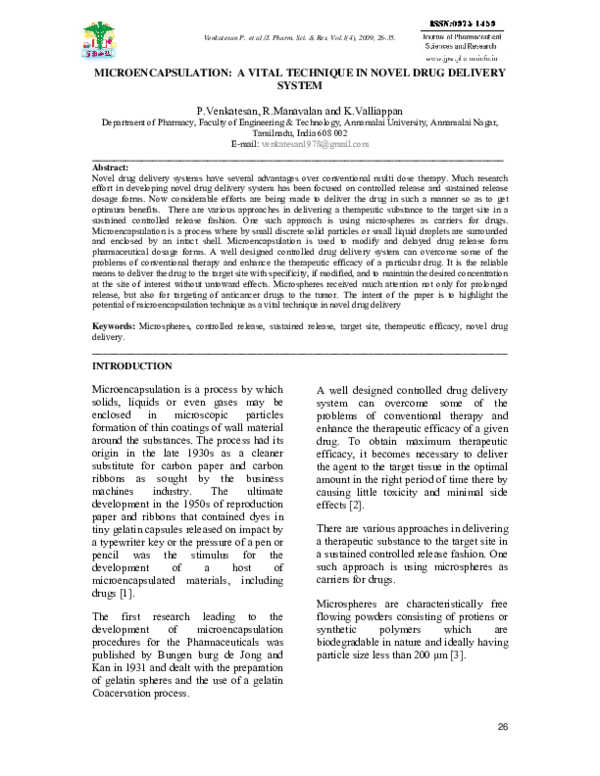 (PDF) Microencapsulation: A vital technique in novel drug delivery system