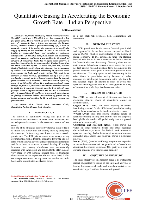 (PDF) Quantitative Easing In Accelerating the Economic Growth Rate – Indian Perspective