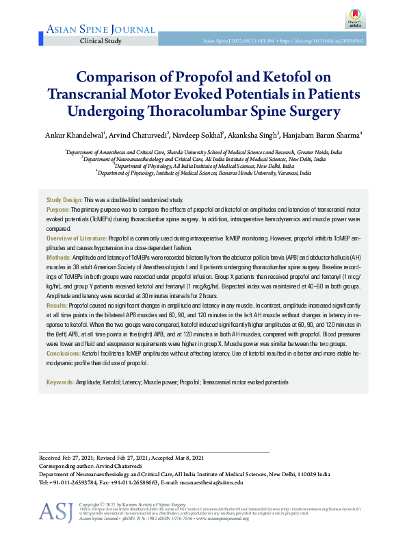 (PDF) Comparison of Propofol and Ketofol on Transcranial Motor Evoked ...